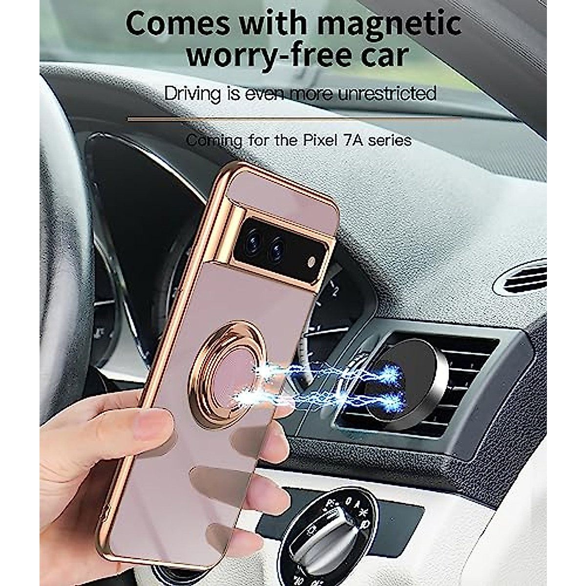 ZOEVEES for Google Pixel 7A Case with Screen Protector and Camera Protector, Built-in 360° Ring Holder Magnetic Stand, Luxury Electroplated Plating Edge Shockproof Protective Phone Cover, Pink