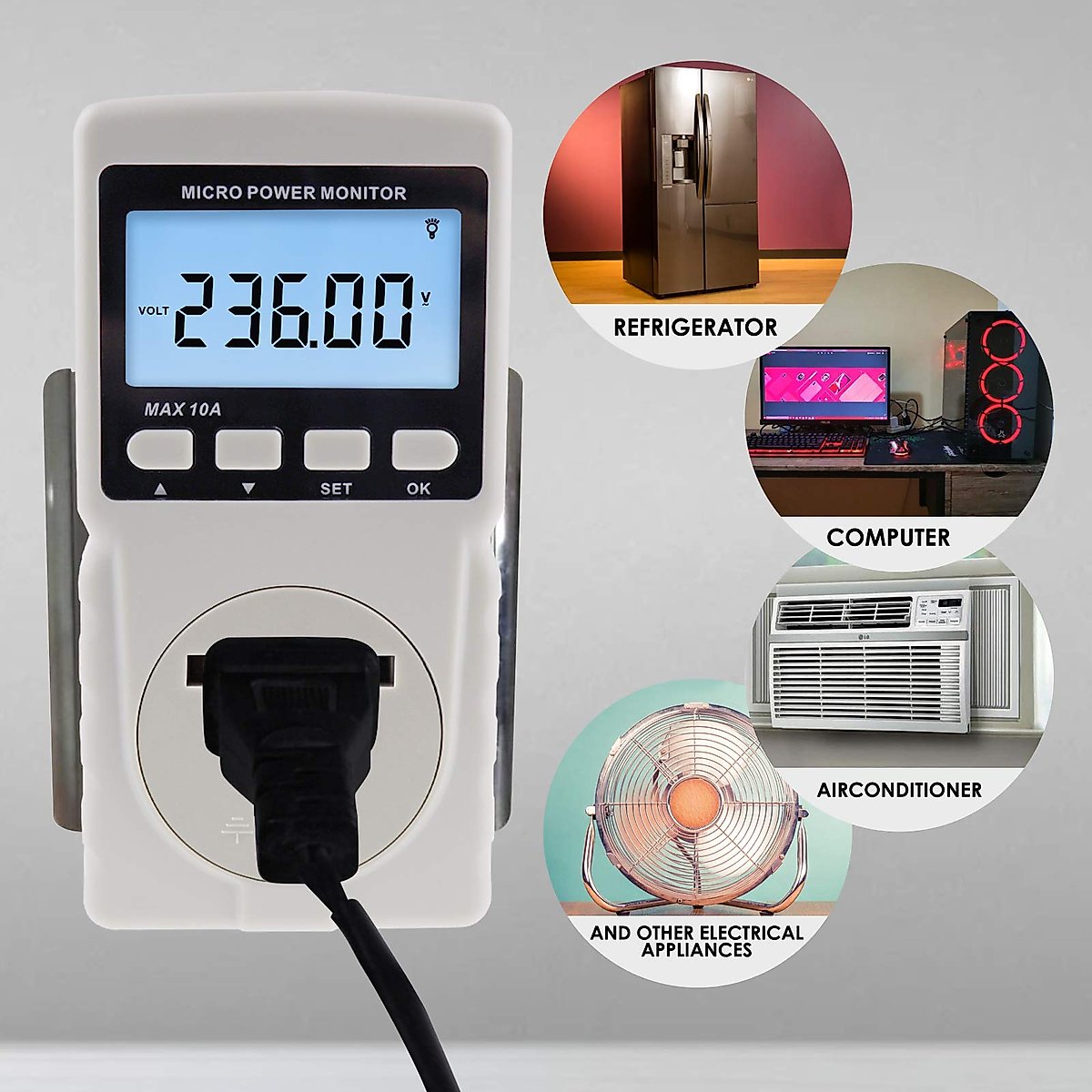 Watt Power Meter Plug-in Socket Power Meter, Home Electrical Usage Monitor Consumption, Kilowatt Wattage Voltage AMP Tester with Backlight Overload Protection