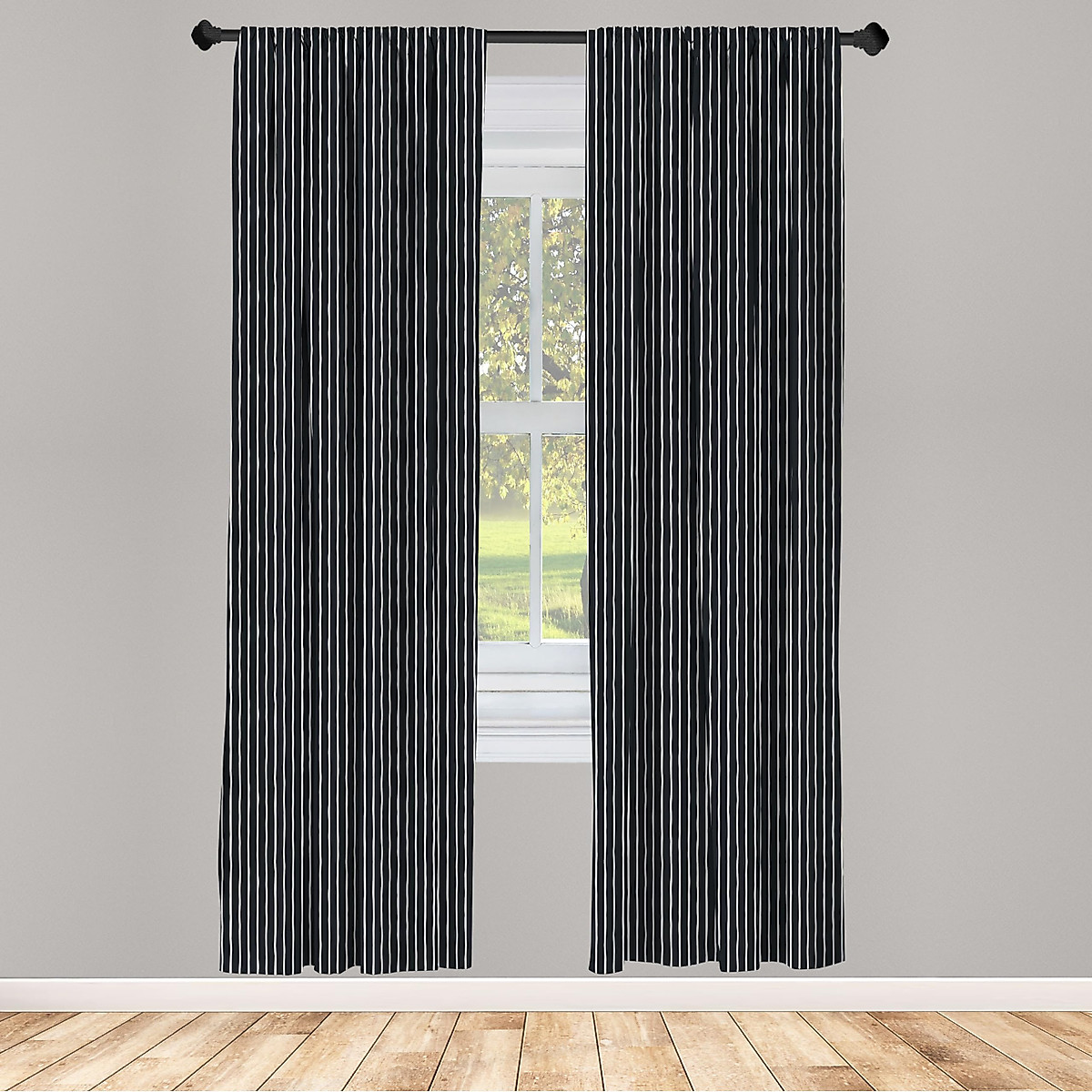 Ambesonne Pinstripe Window Curtains, Monochrome Black and White Design White Thin Uneven Lines on Dark Backdrop, Lightweight Decor 2-Panel Set with Rod Pocket, Pair of - 28" x 84", Black White