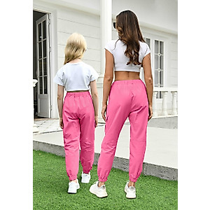 AOWKULAE Women Cargo Pants, Tapered Joggers Drawstring Elastic Waist Loose Pants with Pockets for Women, Rose Pink, Size US Medium