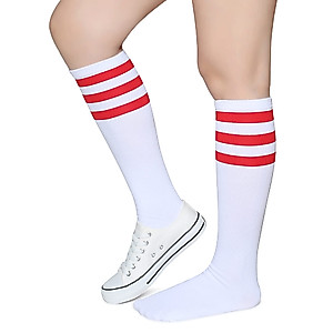 Pareberry Casual Cotton Solid & Triple Stripe Colors Knee High Tube Socks-3 Pairs (A08-Red/White)