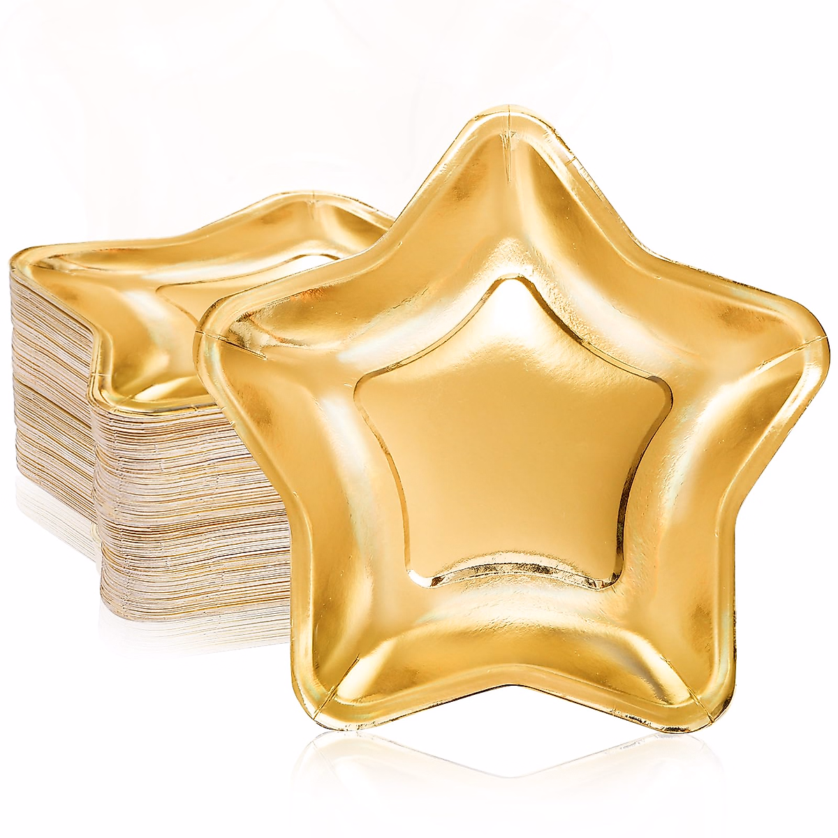Tlence 100PCS Star Shape Paper Plates, 9.5 Inches Disposable Pentagram Dinnerware, Gold Twinkle Star Paper Tableware Set for Dessert, Birthday Graduation Wedding Halloween Christmas Supplies