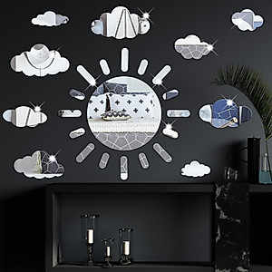 Sun and Cloud Mirror Stickers Decals 3D Acrylic Mirror Wall Stickers Self Adhesive Decorative Silver Removable Peel and Stick for Kids Baby Bedroom Bathroom Playroom Nursery Ceiling Wall Decor