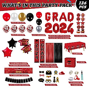 Party Spot！2024 Graduation Party Decorations, 125 PCS Graduation Decorations Class of 2024, Graduation Banner, Tablecloth, Balloons, Cake Toppers, Red and Gold Graduation Party Decorations