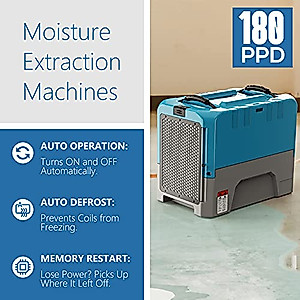 ALORAIR Commercial Dehumidifier with Pump, Up to 180 PPD (Saturation), 85 PPD at AHAM, Memory Starting, 5 Years Warranty, LGR Industrial Dehumidifier for Flood Repair, Crawlspace and Basement Drying, Blue