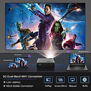 Outdoor Projector with WiFi and Bluetooth, FINATI·CoolHut 5G WiFi Native 1080P HD Home Movie Theater Projector with Carry Bag & Tripod, Wireless Mini Portable Projector for VGA,HDMI,USB,AV(Black)