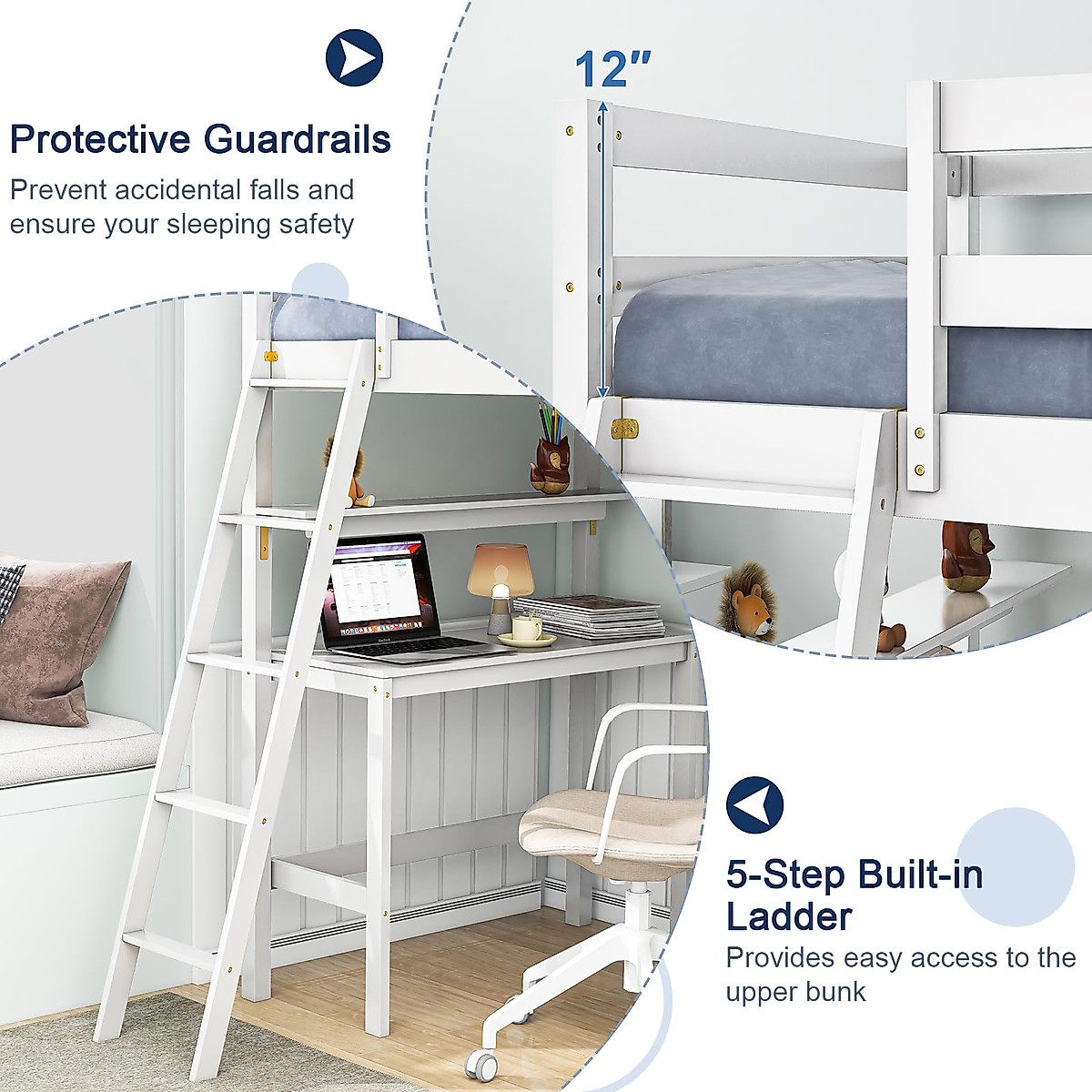 KOMFOTT Twin Loft Bed with Desk & Storage Shelves, Wood Loft Bed Frame for Kids Teens with Bookcase, Ladder, Guardrail, No Box Spring Needed, Space-Saving Loft Bed for Dorm, Apartment