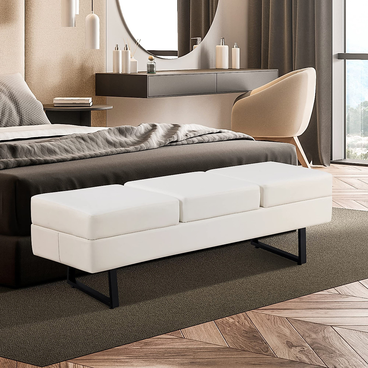 BarberPub Waiting Room Chairs, Heavy Duty Office Guest Reception Bench, Faux Leather Upholstered Lobby Chairs for Salon, Conference Room 7008 (Cream White)