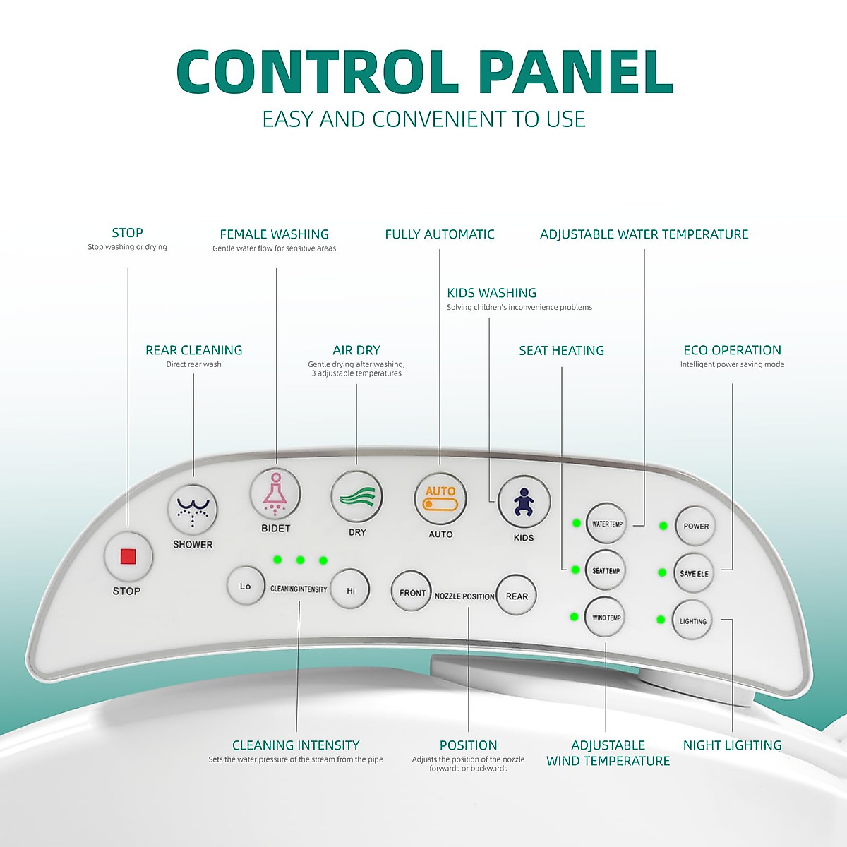 Electric Bidet Toilet Seat, Warm Water Bidet for Rear and Front Washing, Self-Cleaning Nozzle, Elongated V-shaped Heated Toilet Seat with Dryer, Touch Panel, SoftClose Lid, LED Light and Deodorization