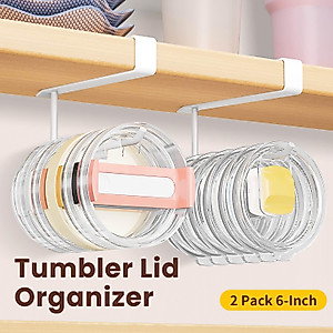 Amawarm 2 Pack Tumbler Lid Organizer, Under Cabinet Cup Lid Holder for Yeti Insulated Mug/Stanley Insulated Mug/Simple Modern Insulated Mug Lid, No Gluing, No Drilling, Up to 10 Lids (White)