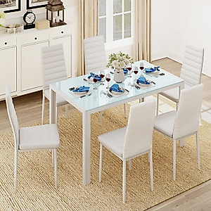 Gizoon Glass Dining Table Sets for 6, 7 Piece Kitchen Table and Chairs Set for 6 Person, PU Leather Modern Dining Room Sets for Home, Kitchen, Living Room