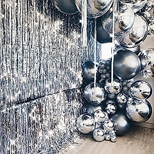 PartyWoo Foil Fringe Curtains Silver 2 pcs and 6 pcs Disco Silver Foil Balloons