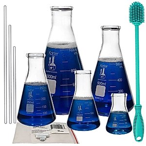 Glass Erlenmeyer Flask Set with Glass Stirring Rod Set, Magnetic Stir Bar Set, and Silicon Cleaning Brush, 5 Sizes - 50, 150, 250, 500, and 1L, 3.3 Borocilicate. Glass, Karter Scientific