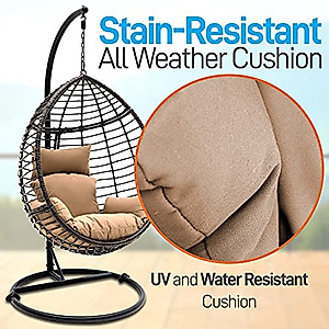 SereneLife Hanging Egg Indoor Outdoor Patio Wicker Rattan Lounge Chair with Stand, Steel Frame, UV Resistant Washable Cushions for Garden Backyard Deck Sunroom, Black+Brown