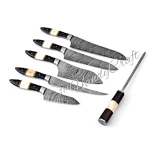HandyCrafts Hk71 Damascus Chef knife set of 6 pieces Professional utility japanese style BBQ Steel with Black American wood and Camel Bone Leather Sheath Cover, HC71, Black/White, 11 x 3 x 2 inches