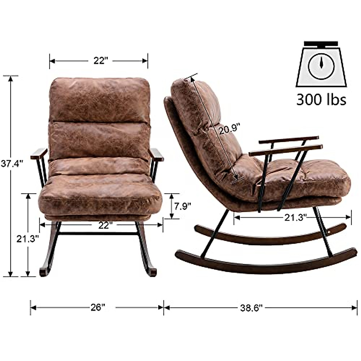 VESCASA Faux Leather Rocking Chair with Adjustable Cushioned Back, Overstuffed Nursery Rocker with Wood Arms, 22" W Lounge Glider Chair for Living Room/Bedroom/Reading, Brown