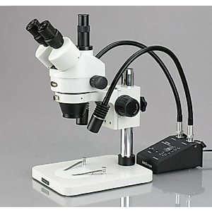 AmScope SM-1TSW2-L6W-5M Digital Professional Trinocular Stereo Zoom Microscope, WH10x and WH25x Eyepieces, 3.5X-225X Magnification, 0.7X-4.5X Zoom Objective, 6W Dual-Gooseneck LED Light, Pillar Stand, 85V-265V, Includes 0.5X and 2.0X Barlow Lenses, Includ