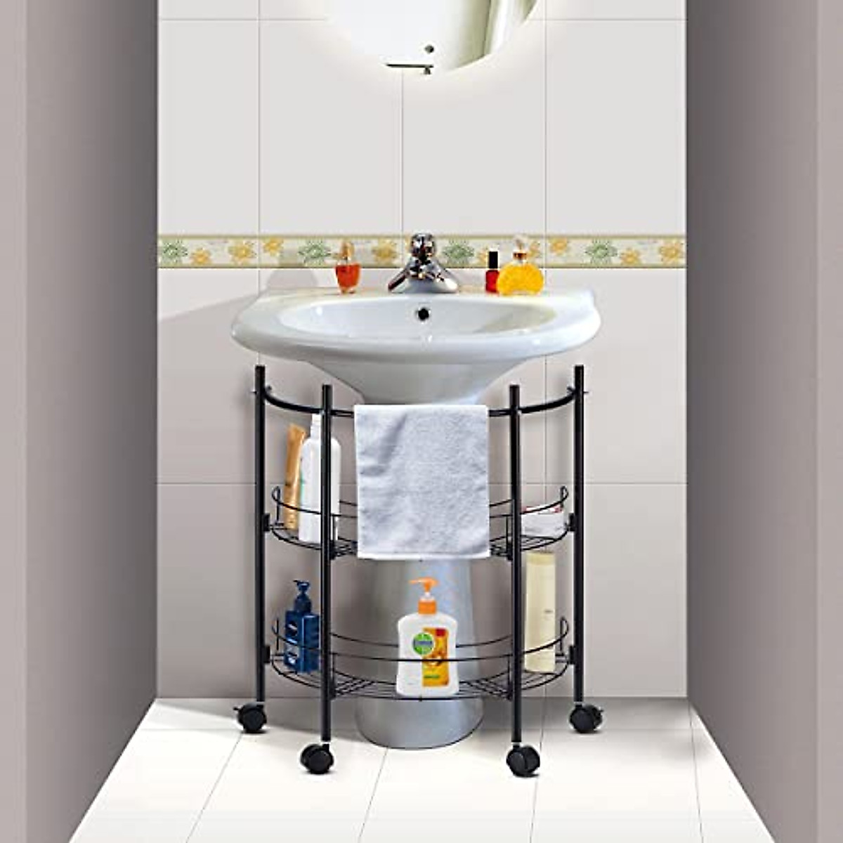 L&H Unico Pedestal Under the Sink Rack with 2 Storage Shelves Metal Bathroom Organizer with Wheels and Towel Holder, Black