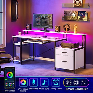 Rolanstar Computer Desk 59" with File Drawer, Gaming Desk with LED Light & Power Outlets, Home Office Desk with File Cabinet & Storage Shelves, with Monitor Stand & Keyboard Tray, White