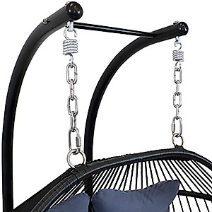 Sunnydaze Liza Loveseat Egg Chair with Gray Polyester Cushions and Stand - Comfy Outdoor Collapsible Hanging Chair with Stand - Black Polyethylene Wicker Rattan Frame with Steel Stand - 76" Tall
