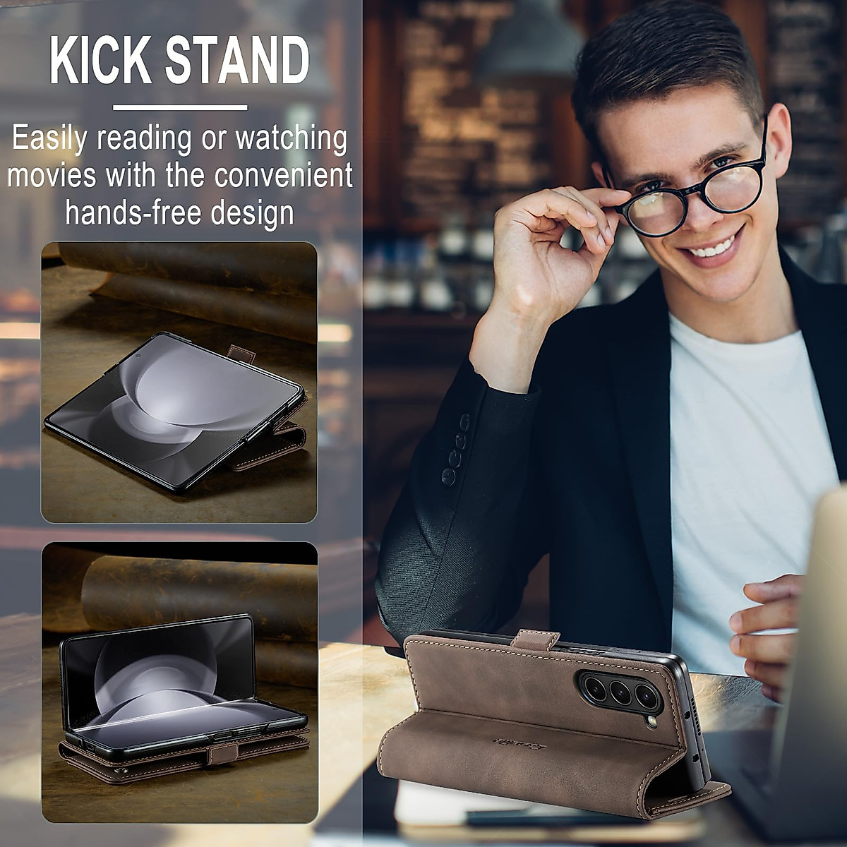 FONREST for Samsung-Galaxy-Z-Fold-5 5G Flip Leather Case, Slim Stitched PU Folio Book Wallet Cover with Kickstand, Card/Cash Slots, Magnetic Closure. Talk on The Phone w/Front Cover Closed(Coffee)