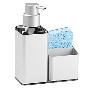 mDesign Modern Aluminum Kitchen Sink Countertop Liquid Hand Soap Dispenser Pump Bottle Caddy with Storage Compartments - Holds and Stores Sponges, Scrubbers and Brushes - Silver Finish