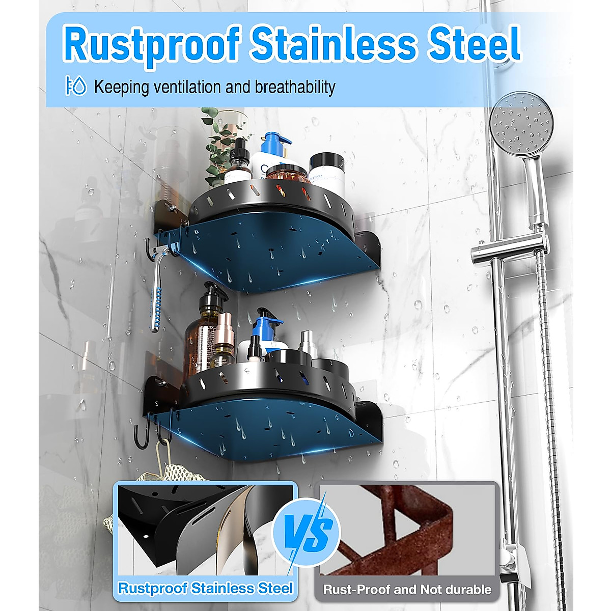 360°Rotating Corner Shower Caddy Shelf With 6 Hooks,2PACK Bathroom Lazy Susan Shower Organizer Corner with 5Pcs Adhesive,Stainless Steel Shower Racks for Inside Shower for Home Apartment Decor(Black）