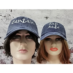 Captain & First Mate Anchor Hats for Couples, Navy Blue Embroidered Matching Boating Baseball Caps, Sailing Gift