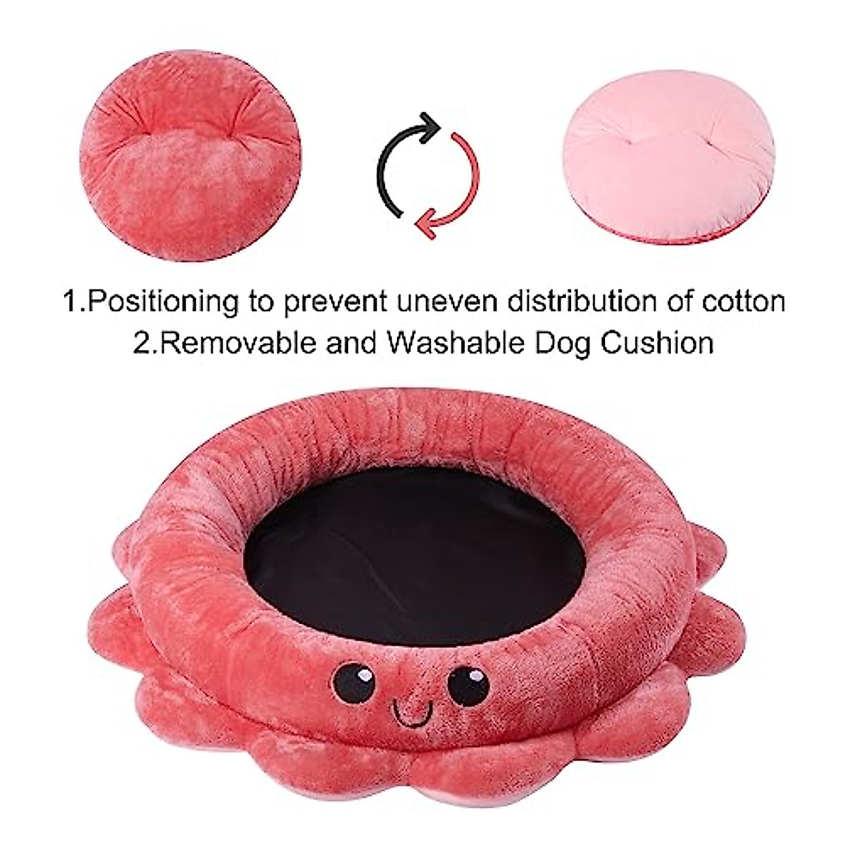 Jiupety Cute Octopus Dog Bed with Smiling Face, Soft Round Dog Bed with Removable Cushion, Cartoon Style and Smiling Face, Luxury, Soft, Comfy, Cozy, Fit Small to Large Dogs (Red)