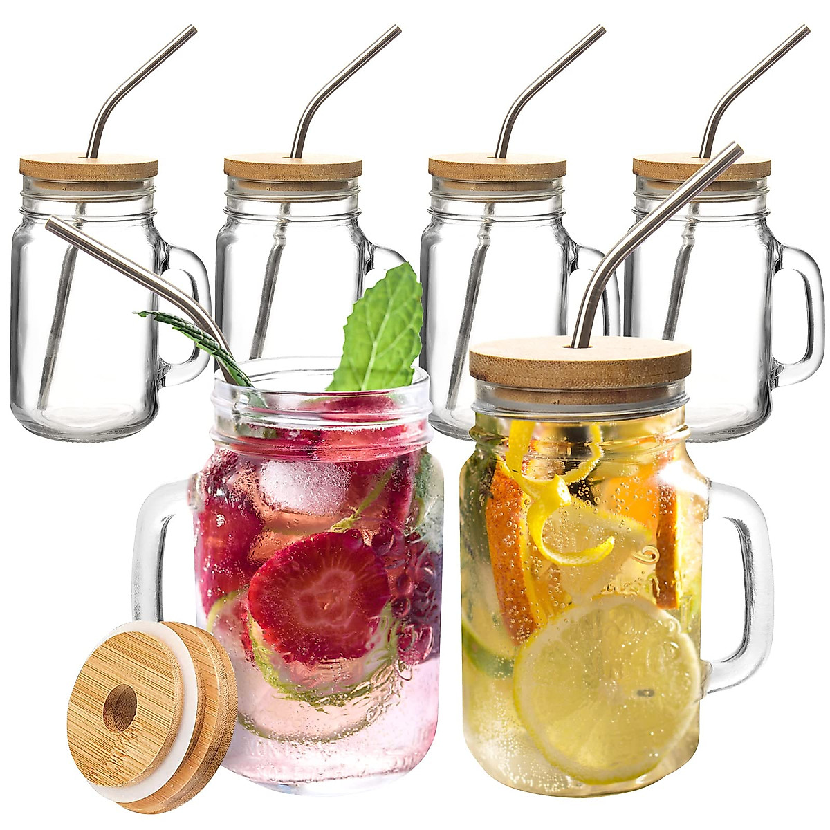 OAMCEG 6 Pack Mason Jars with Handle 16OZ Glass Mason Jar Cups with Lids and Straws, Large Glass Juice Bottles, Reusable Wide Mouth Smoothie Jars, Old Fashion Mason Jar Cups for Tea, Iced Coffee