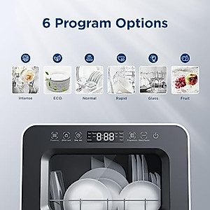 Gudsunal Portable Countertop Dishwasher, 7L Detachable Water Tank, 6 Programs,No Hookup Needed, 192℉ HI-Temp Hygiene, Hybrid Drying & Preserve Fuction, Mini/Small Dishwasher for RV & Apartment,Black