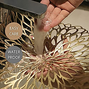 Set of 6, Gold Metallic Vinyl Round Placemats Laminated Plastic Morden Dining Table Decoration, Leaf by Snowkingdom
