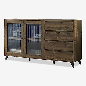 worldchoice Sideboard Buffet Cabinet 63" Wine Bar Cabinet with 4 Drawers & 2 Tempered Glass Doors Coffee Bar Cabinet Console Cabinet with Adjustable Shelf for Living Room Dining Room Kitchen, Brown