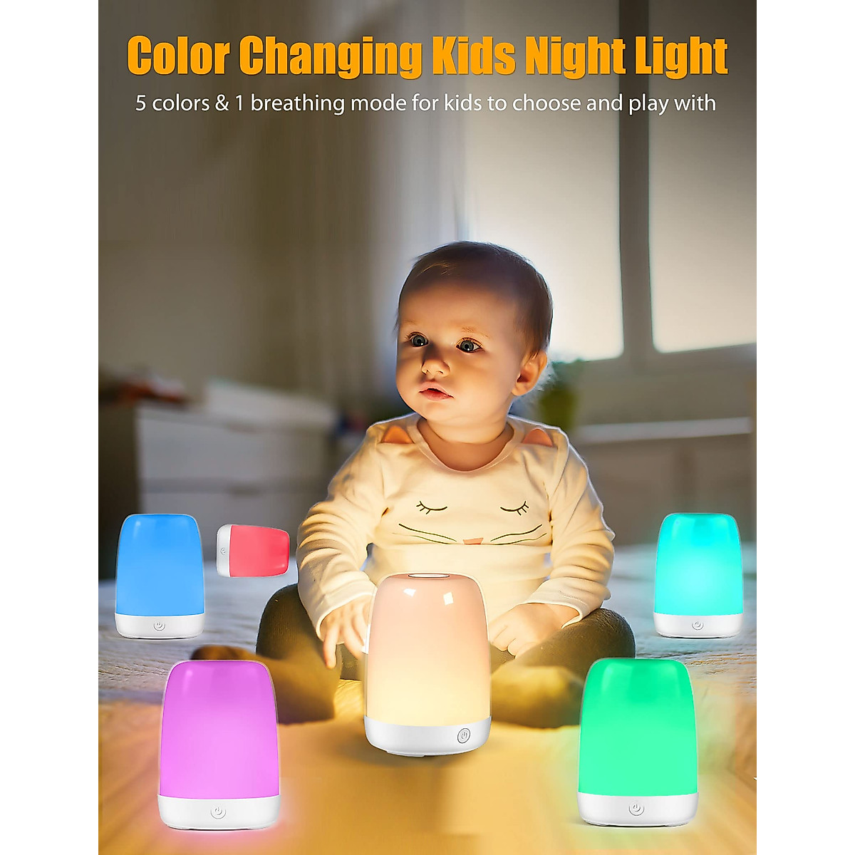 Night Light for Kids, Baby Night Light with Touch Control & Dimmable Warm Light, 5 Colors Changing Nursery Night Light, USB Rechargeable Bedside Lamp for Breastfeeding Toddlers Boys Girls Bedroom