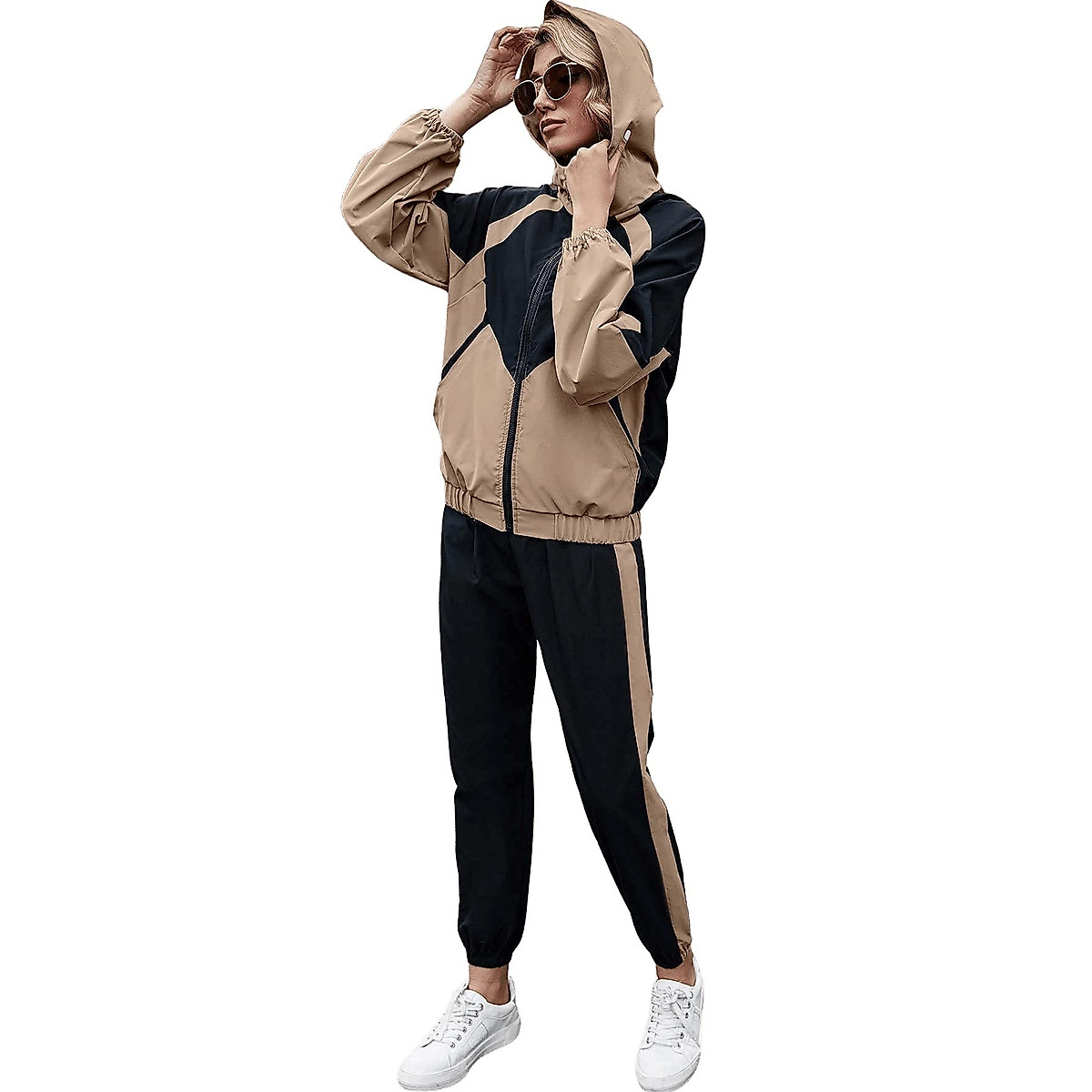 SweatyRocks Women's 2 Piece Outfits Long Sleeve Full Zip Jacket and Pants Tracksuit Set Khaki Black XL