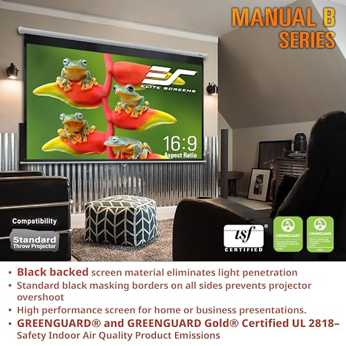 Elite Screens Manual B, 100-INCH Manual Pull Down Projector Screen Diagonal 16:9 Diag 4K 8K 3D Ultra HDR HD Ready Home Theater Movie Office Presentation, M100H