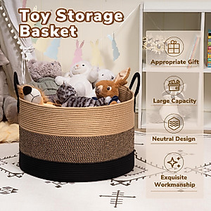 INDRESSME XXXLarge Woven Rope Basket 21" x 14" Blanket Storage Basket with Long Handles Decorative Clothes Hamper Basket Extra Large Baskets for Blankets Pillows