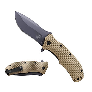 Off-Grid Knives - Rapid Fire Coyote, Large Assisted EDC, Hard Use Construction, Camping and Survival, Cryogenic D2 Blade Steel, Titanium Nitride Coating with G10 Scales, Deep Pocket Carry