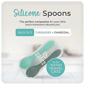 Mason Bottle Silicone Baby Spoons (2-Pack) - Feeding Spoons for Babies 6-12 Months & Up - BPA-Free, Non Toxic Baby Spoons - Baby Puree Spoons, Infant Utensils w/Case (Teal & Grey)