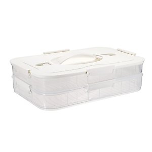 BTSKY Plastic Food Storage Container with lids, Dumpling Storage Box, Cookie Carrier Cookie Sheet with Lid, Portable Large Food Container for Snack, Fruit, Vegetables, Meat, Wontons(2-Layer, White)