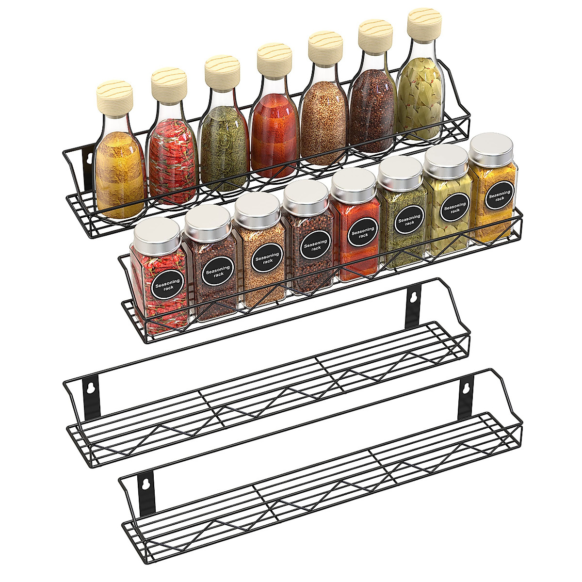 Bextsrack Spice Rack Organizer for Cabinets, 4 Pack Wall Mounted Spice Seasoning Jars Shelf Storage Organizer for Cupboard, Pantry Door, Black