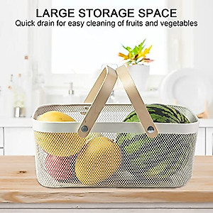 MACOIOR Portable Garden Basket-Mesh Design Natural Bamboo Handle Wire Storage Baskets,Mesh Basket with Handle Organize Items Reduce Space Occupation,Suitable for Kitchen,Garden,Picnic(White)