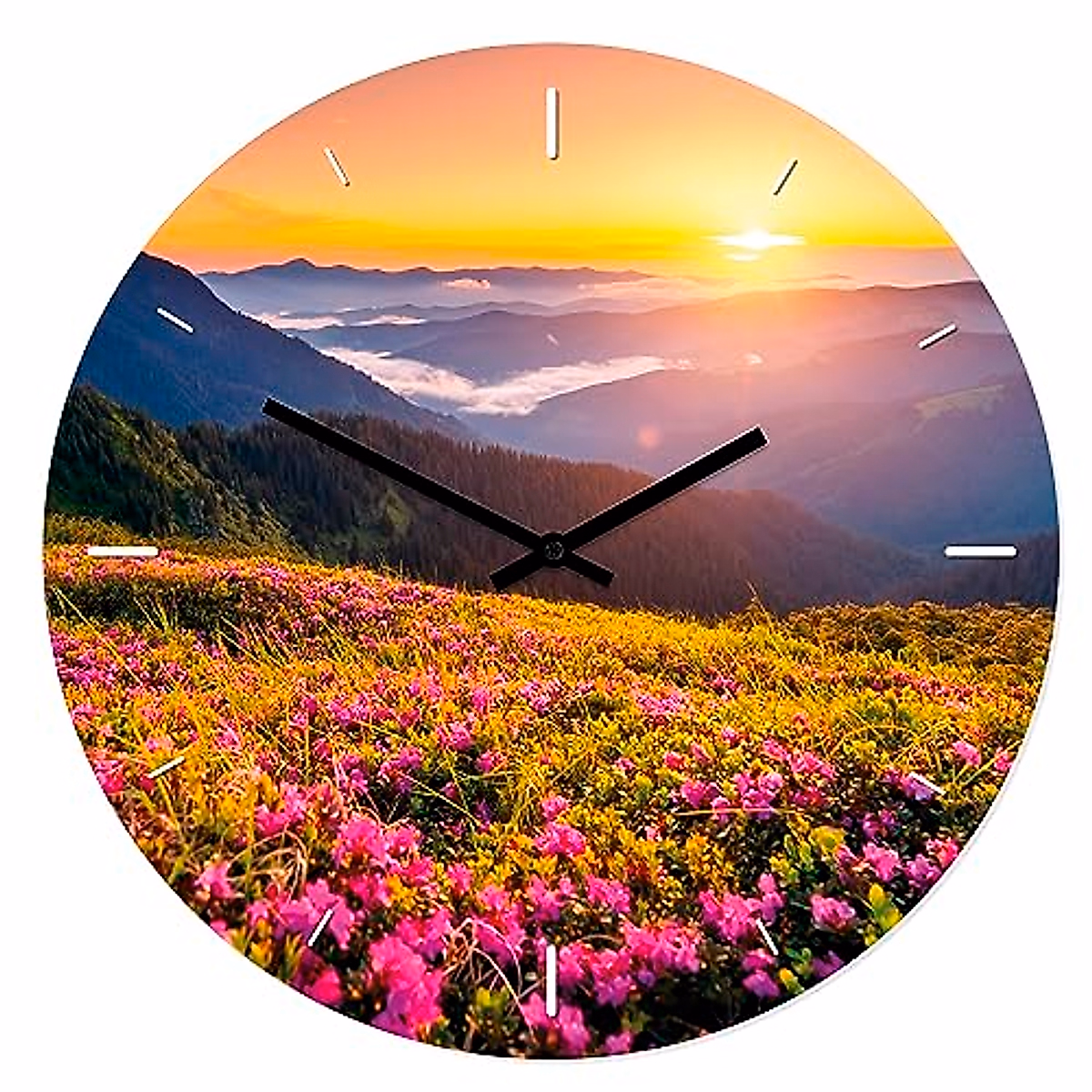 Soul Décor Pink Flower Field Wall Clock, Silent Non-Ticking, Battery Operated Kitchen Clock, Aluminum Composite Face, Suitable for Offices, Bedrooms, and Bathrooms 12 Inch Round