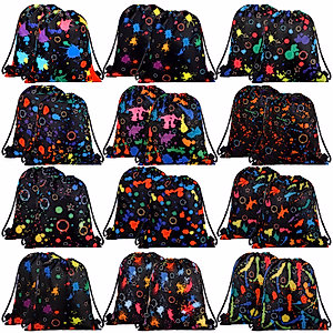 24 Pieces Glow Party Drawstring Bags Kids Neon Birthday Party Gift Bag Backpack Candy Goodie Favor Bags for Glow in Dark Party Decoration Supplies