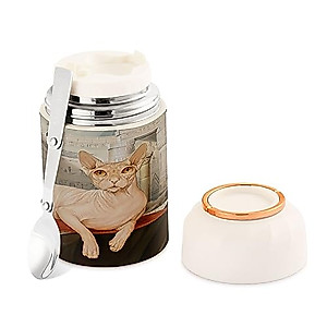CUPADA Sphynx Kitten Cute Food Jar, Oil Painting Funny Insulated Hot Food Jars Vacuum 17OZ with Folding Spoon for Work Trip Picnic Camping