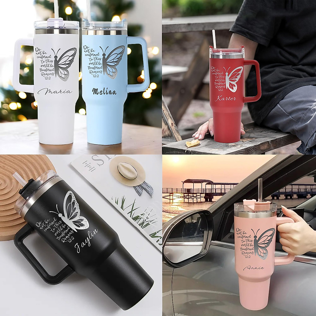 LifGif Butterfly - Christian Personalized Tumbler 40 oz Laser Engraved, Insulated Cup with Handle, Lid & Straw, Inspirational Religious Christian Coffee Mugs, Christian Tumbler, Bible Verse Gifts