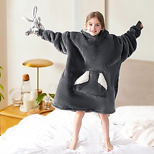 Touchat Oversized Sherpa Blanket Hoodie Sweatshirt with Hood Pocket and Sleeves, Soft Warm Plush Hooded Blanket for Kids, One Size Fits All, Grey