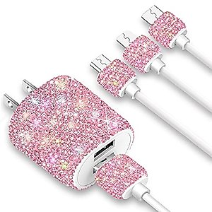 Bling USB Wall Charger with Charging Cable,Fast Block for iPhone Android,3-in-1 Multi Charger Cable Micro USB Type C Multiple USB Cord with Crystal Decor,Cell Phone Accessories for Women,Girls (Pink)