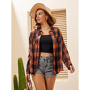 Damipow Premium Flannel Shirt Women Long Sleeve Fall Blouse Ladies Casual Top Cute Clothes,Orange,L