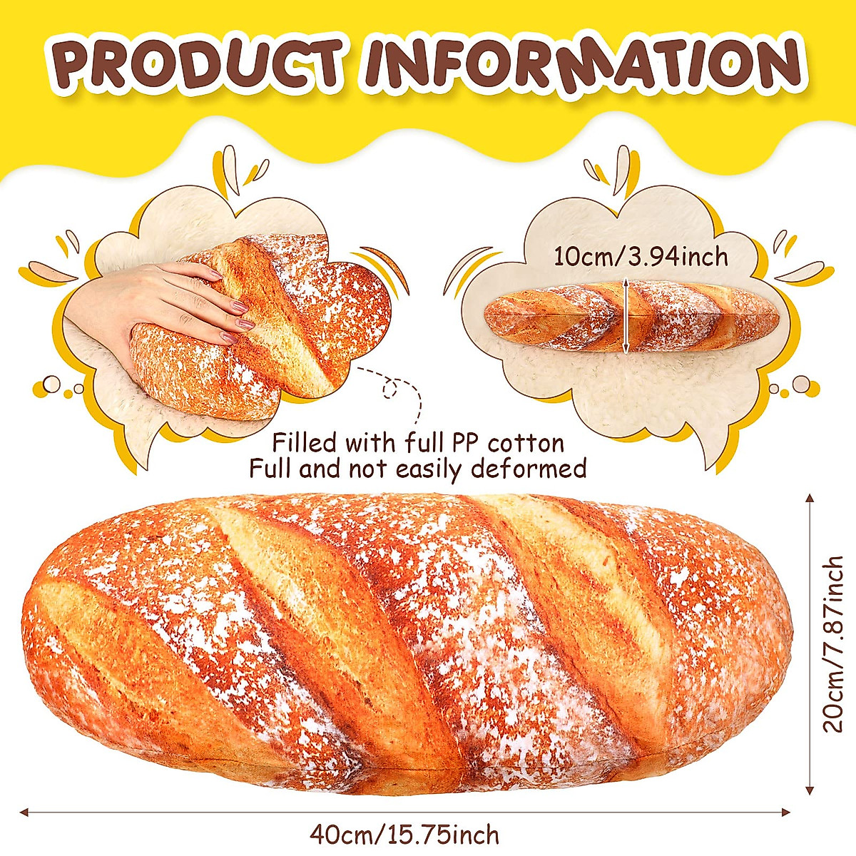 Yookeer 2 Pieces Jumbo 3D Simulation Bread Shape Pillow 16 Inch Butter Soft Lumbar Back Cushion Giant Bread Pillow Loaf Cute Food Plush Pillow Stuffed Food Pillows for Home Decor Office Decoration